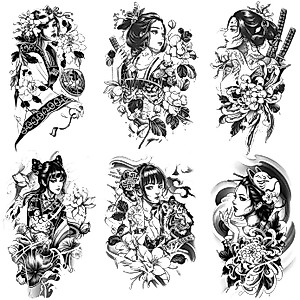 Oottati 6 Sheets Arm Fake Waterproof Temporary Tattoos Stickers Black Japanese Geisha Samurai Women Flower Lotus