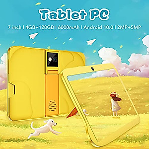 Qinlorgo HD Tablet, 2.4G 5G Dual Band 100-240V Octa Core Processor 4GB 128G Yellow Kids Tablet LED Screen Front 2MP Rear 5MP for Study for Android 10 (Yellow)