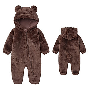 Infant's Cute Snowsuit Cotton Fleece Lined Outfits One Piece Hooded Romper Jumpsuit for Baby Girl Boy Brown 0-3M