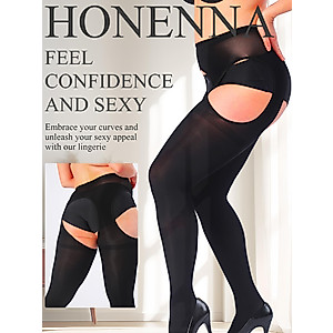HONENNA Plus Size Suspender Tights for Women, Semi Opaque Sexy Garter Belt Nylons Mock Thigh High stockings, 1 Pair Black M-L