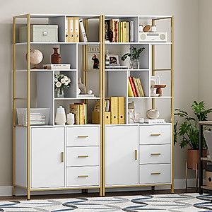 BOTLOG 71.2 Inch Tall Bookshelf, Bookcase with Door and 3 Drawers, Floor Standing Display Storage Shelves for Home Office, Living Room