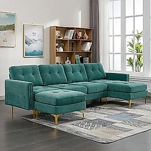 UBGO Living Room Furniture Sets,110" Large Sofa,U-Shape Sectional Chaise Lounge and Convertible Ottoman,Velvet Couches for Apartment,Office (Green)