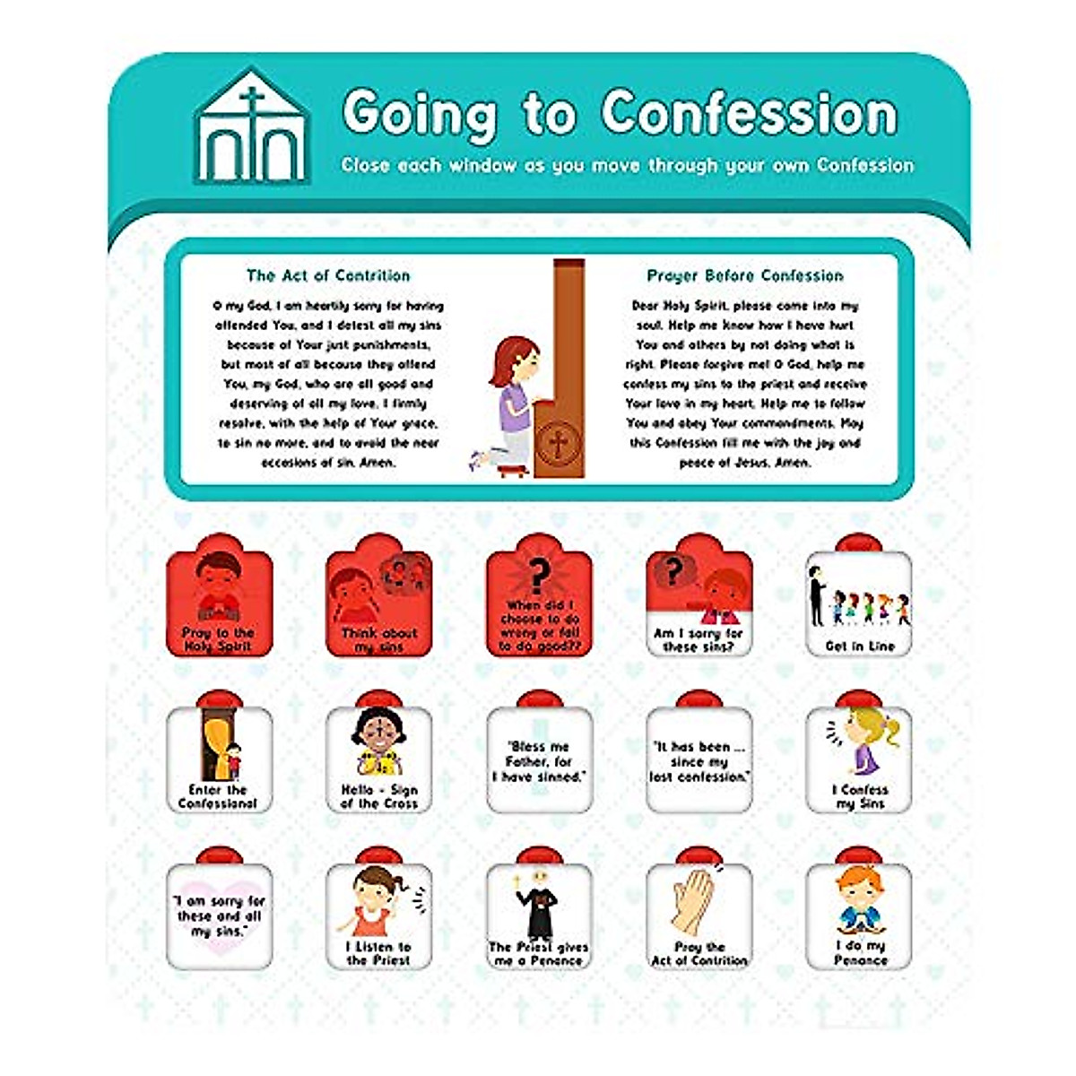 Going to Confession Window Chart Learning Activity for Catholic Kids, Vacation Bible School, Christian Sunday Church, 8 x 9 Inches