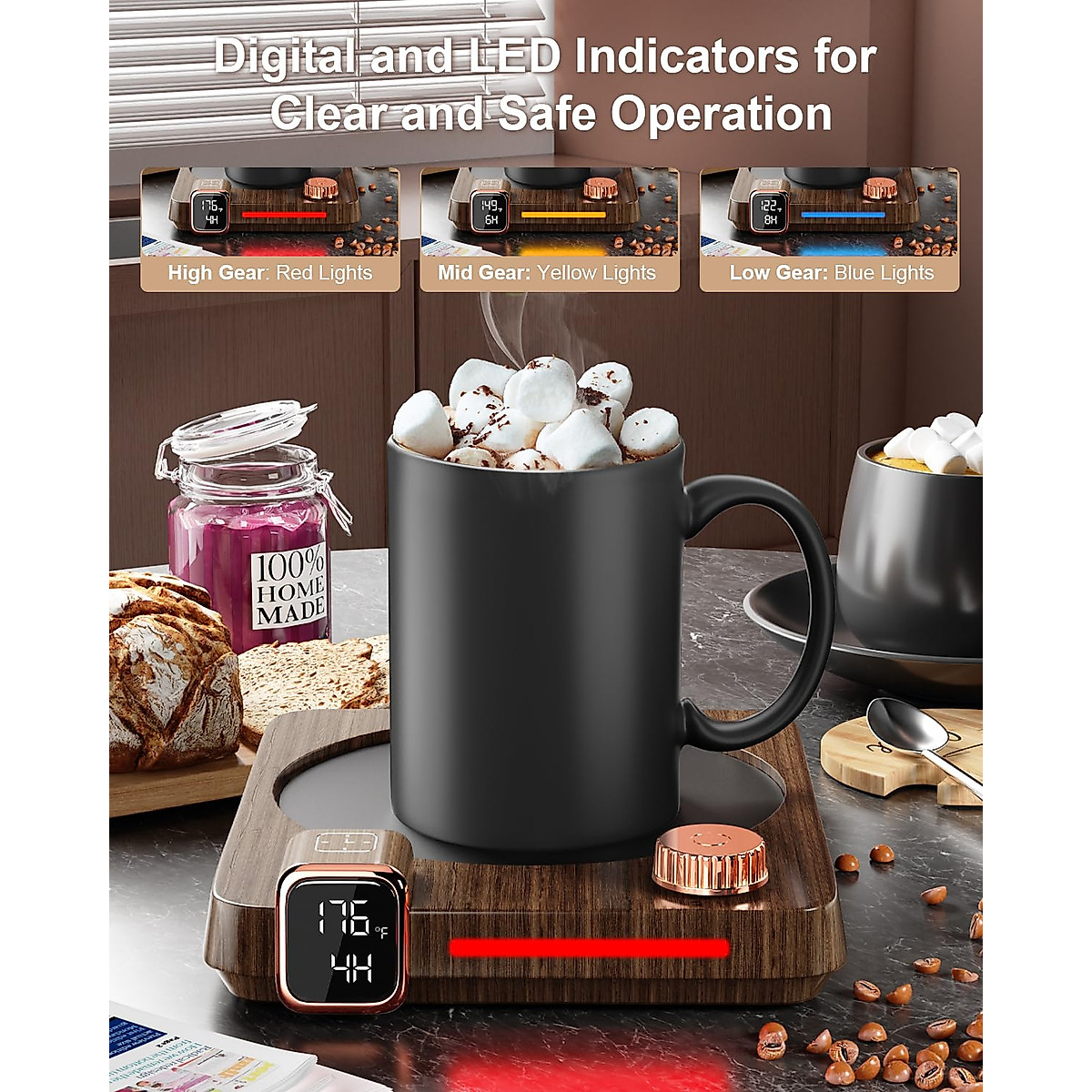 Mug Warmer, 40W Coffee Mug Warmer for Desk with Temperature Display, 1-12Hrs Auto Off/ON, Smart Coffee Cup Warmer with Anti-Scalding Silicone, Beverage Warmer for Coffee, Milk, Tea, Candle (Wood)