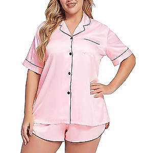 SWOMOG Women's Satin Plus Size Pajamas Silk Short Sleeve Pjs Sets Button Down Silk Sleepwear 2 Piece Bridal Pjs Loose Outfits Pink