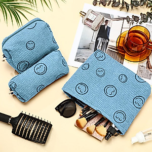 3 Pcs Smile Face Makeup Bag Corduroy Cosmetic Bag 3 Sizes Aesthetic Preppy Makeup Bags for Women Teen Girls Corduroy Toiletry Pouch Travel Smile Dots Bags Washable Skincare Bag (Light Blue Grey)
