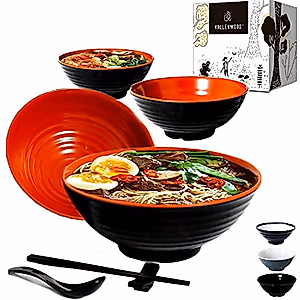 VALLENWOOD 4 set, 16 pieces. Ramen Bowl Set, Asian Japanese soup with Spoons Chopsticks and Stands, Restaurant Quality Melamine, Large 37 oz for Noodles, Pho, Noodle, Udon, Thai, Chinese dinnerware.