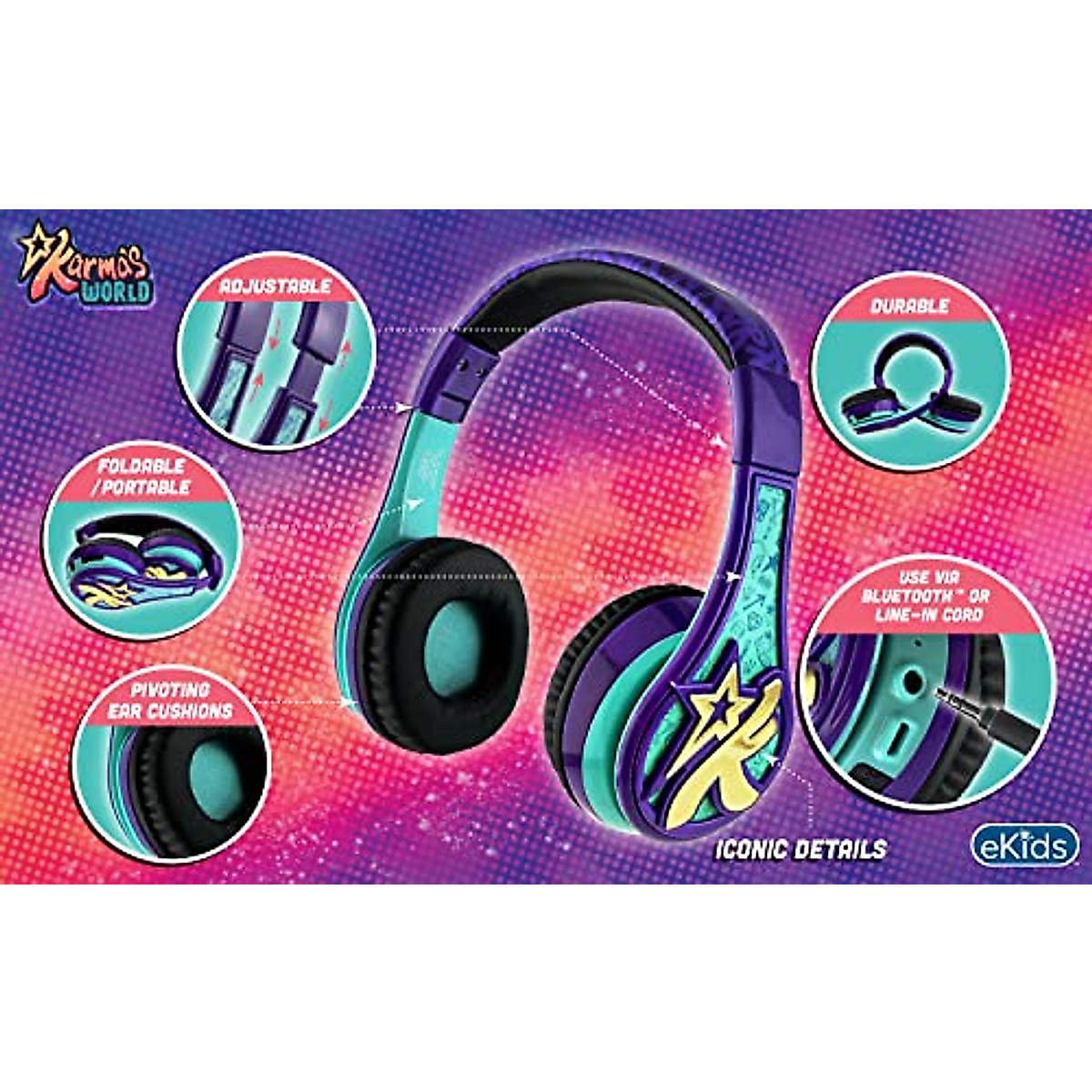 eKids Karmas World Bluetooth Headphones, Wireless Headphones with Microphone Includes Aux Cord, Kids Headphones for School, Home, or Travel
