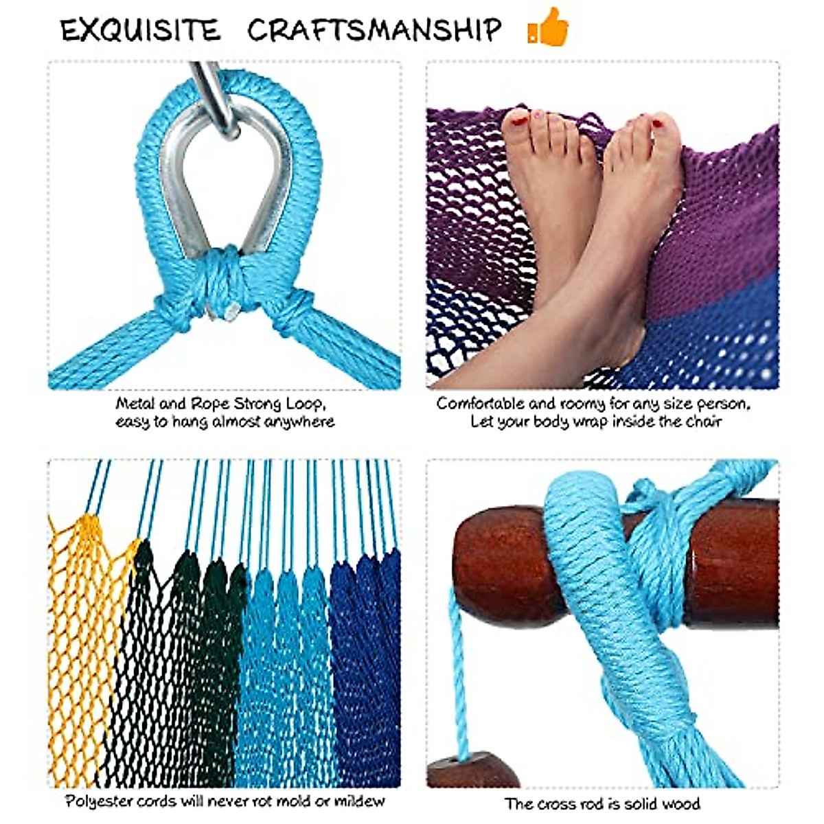 Moonlight Caribbean Hammock Hanging Chair, Durable Polyester Hanging Chair, Indoor/Outdoor Garden & Living Room