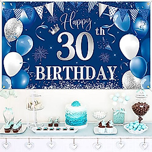 30th Birthday Banner Backdrop,BTZO Happy 30th Birthday Decorations,Blue Silver Fabric Photo Backdrop Background for Men and Women 30th Birthday Party,70.8 x 43.3Inch