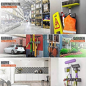 Comfecto New Version 4pcs Self Adhesive Broom Holder with Gripper and 2 Hooks, Damage Free Broom Mop Holder, No Drill Anti-Slip Wall Mount Broom Gripper Organizer for Bathroom Kitchen Garden Garage