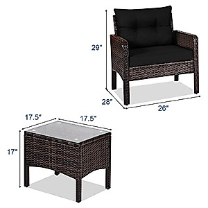 Tangkula 3 Piece Outdoor Patio Furniture Set, Wicker Chairs Set with Glass Top Coffee Table, Thick Cushions, All Weather Garden Lawn Poolside Backyard Porch Furniture Set for 2 (Black)