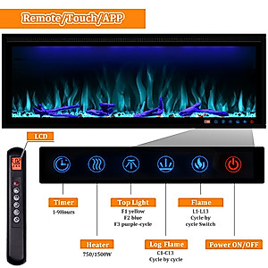 Benrocks 60'' Smart Electric Fireplace Inserts, Recessed & Wall Mounted Fireplace, 13 * 13 * 3 Color Combinations, App Control Fireplace Heater, Timer, Logs & Crystals 750/1500W Black