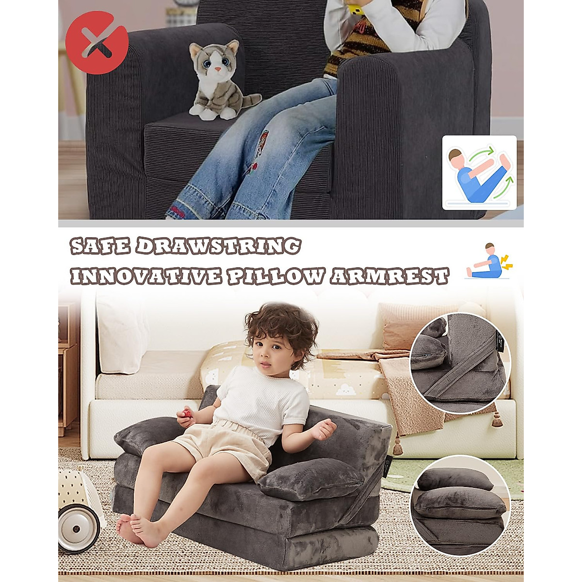 Weighted Idea Kids Sofa Toddler Couch Safe Sturdy for Boys, Soft Flannel Fabric Comfy Kid Couch Fold Out for Lounger, 2-in-1 Convertible Child Sofa Bed for Bedroom(Medium Grey)