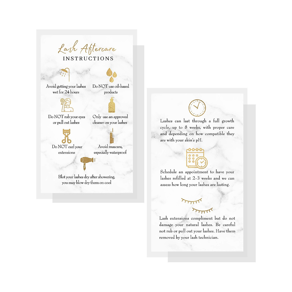 Lash Extension Aftercare Instructions Cards | 50 Pack | Double Sided Size 3.5 x 2" inches After Care (2-3 Week Fillers) | Marble Look with Gold Icons Design