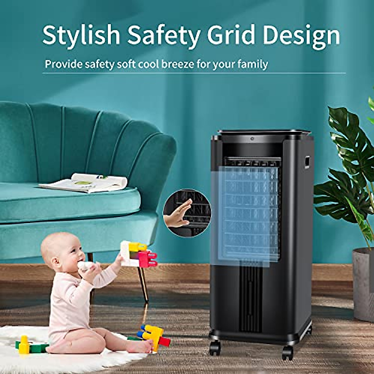 SWHOME 3-IN-1 Portable Evaporative Coolers 30" Swamp Cooler Air Conditioner Fan Humidifier 12H Timer, with Remote Control Ice Box (Black)