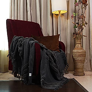 HOMEMONDE Rustic Farmhouse Throw Blankets Charcoal Gray for Couch Hand Woven Tufted Soft & Cozy Blanket - 70x50 Inches