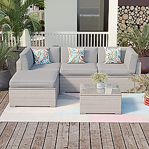 SUNBURY 5-Pieces Outdoor Furniture Set, All-Weather Wicker Patio Conversation Sets Sectional Sofa w 3 Pillows, Cushions, Coffee Table, Ottoman, Patio Furniture Set for Backyard Garden Pool (Grey)