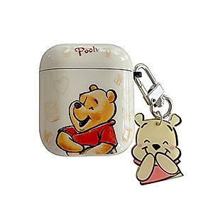Soft TPU Case with Charm and Keychain for Apple AirPods 1 2 1st 2nd Generation Model Yellow Winnie The Pooh Bear Laugh Cute Lovely Adorable Kawaii Girls Kids Boys