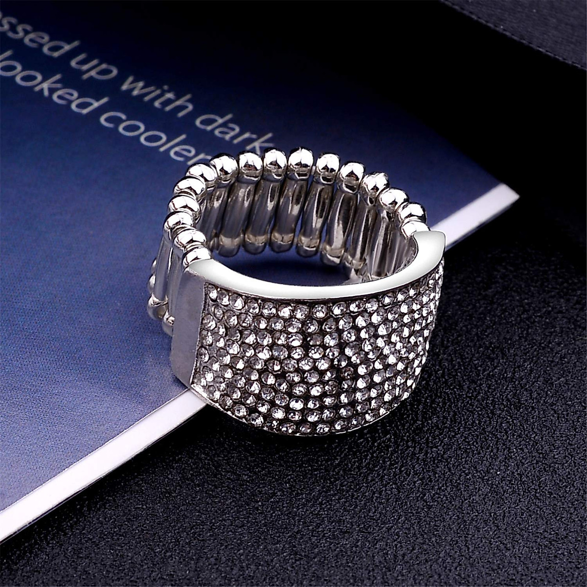 Nicole Miller New York Silvertone Adjustable Stretch Full Loaded Crystal Rhinestones Ring