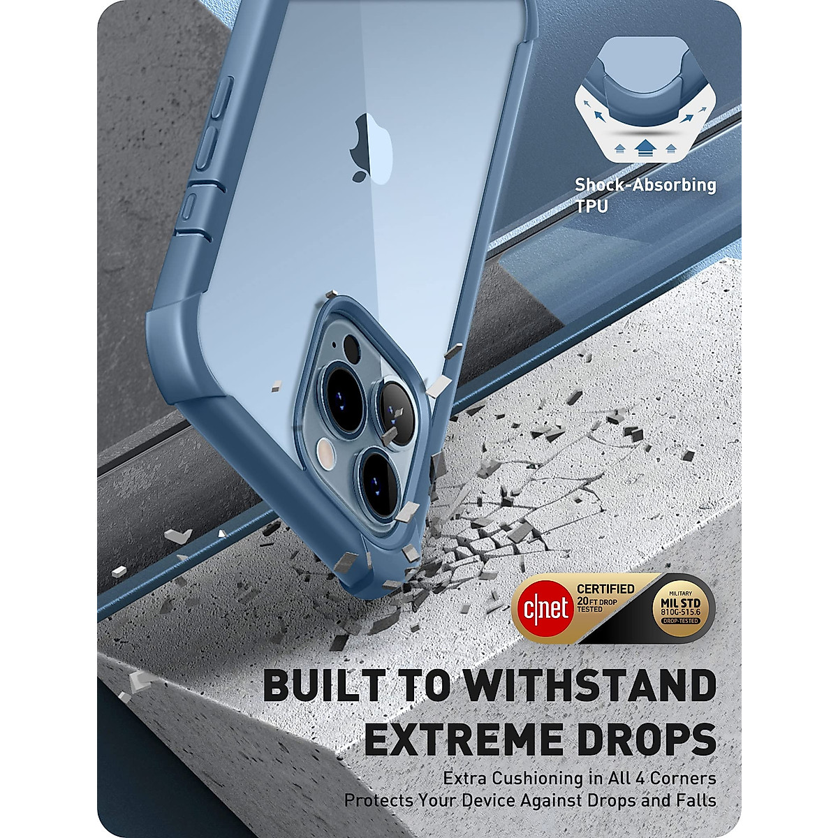 Clayco Forza Protective Case for iPhone 13 Pro Max 6.7 inch (2021 Release), Built-in Screen Protector, Dual Layer Rugged Cover with Full-Body Soft TPU Bumper (Azure)