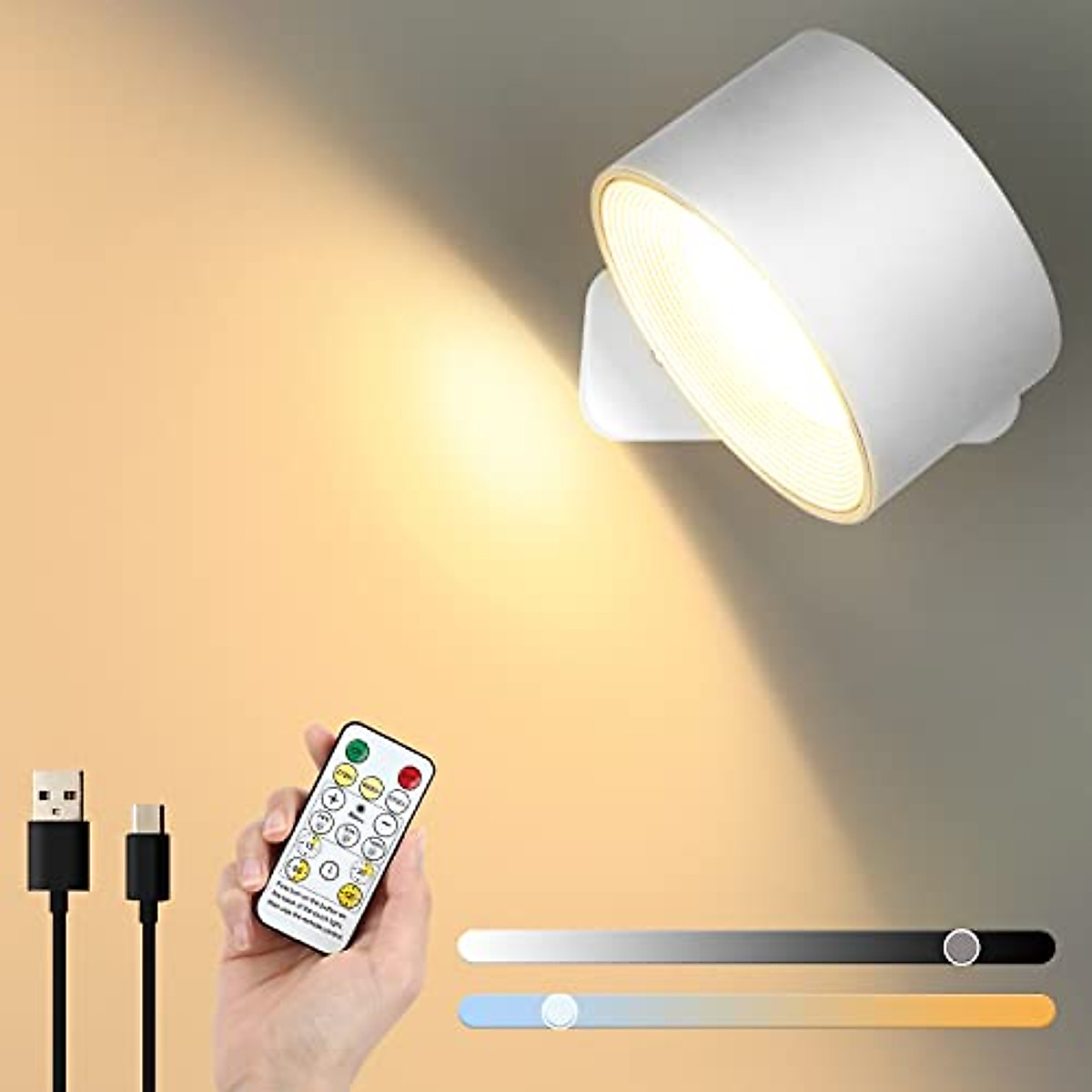 Lightess LED Wall Sconce, Wall Mounted Lamp with Rechargeable Battery Operated, 3 Brightness Level & 3 Color Temp 360°Rotate Magnetic Ball,Touch & Remote Control Wall Light for Reading Bedside
