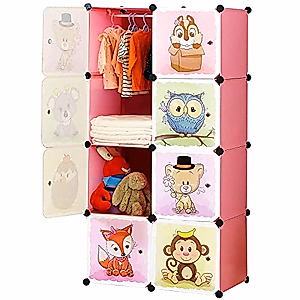 BRIAN & DANY Portable Cartoon Clothes Closet DIY Modular Storage Organizer, Sturdy and Safe Wardrobe for Children and Kids, 6 Cubes&1 Hanging Sections, 30% Deeper Than Standard Version, Red