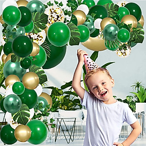 RUBFAC 152pcs Jungle Balloons Garland Arch Kit, Green Gold Balloon Arch, Safari Balloons Dinosaur Party Decoration with Artificial Palm Leaves for Animal Wild One Birthday Baby Shower Supplies