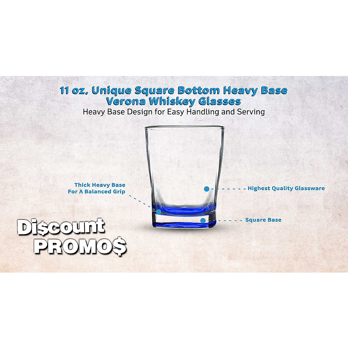 DISCOUNT PROMOS 10 Verona Whiskey Glasses Set, 11 oz. - Durable, Thick Base, Color Bottom, Barware - Blue