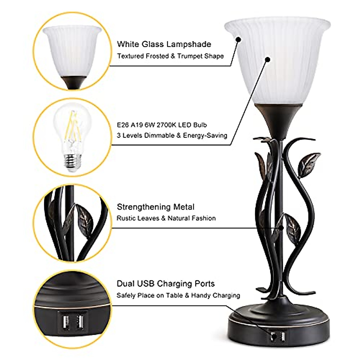 Opoway Set of 2 Touch Control Table Lamps, 3-Way Dimmable Torchiere Bedside Lamps with Dual USB Charging Ports, Leaf Body and Glass Shade Retro Lamps for Living Room, Bedroom, LED Bulb Included