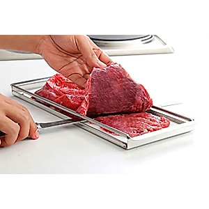 PRECISION MEATS Beef Jerky Slicer Kit - Superior 10" Butchers Carving Knife & Meat Slicing Cutting Board for Safe, Mouthwatering, Uniform Slices - Adjustable Thickness - Dishwasher Safe Jerky Maker