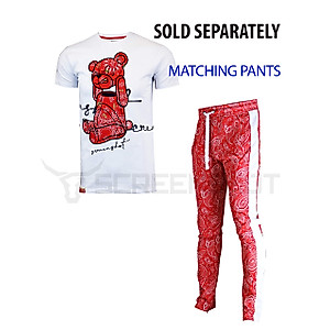 SCREENSHOT-S11122 Mens Hip-Hop Ultra Premium Quality Tee - Head Lifting Paisley Bandana Embroidery Cartoon Teddy Bear Print T-Shirt-White/Red-2XLarge