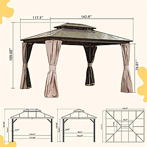 DHPM 10' x 12' Hardtop Gazebo, Permanent Outdoor Aluminum Patio Gazebo with Aluminum Composite Polycarbonate Double Roop for Patio Lawn and Garden, Curtains and Netting Included