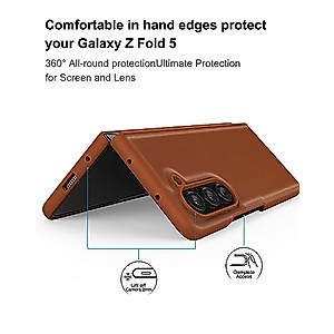 Eastcoo Slim Fit PU Leather Case for Samsung Galaxy Z Fold 5, [Clear Front Cover+Leather Hard PC Back][Wireless Charging Support] Shockproof Protective Case for Samsung Galaxy Z Fold5 2023, Brown
