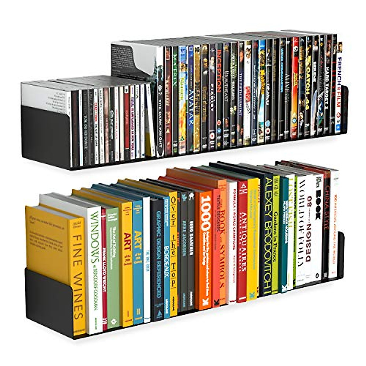 Wallniture Bali Floating Bookshelf and CD DVD Storage Shelves, Video Game Shelf Set of 2, Metal 24 Inch Black Floating Shelves for Wall