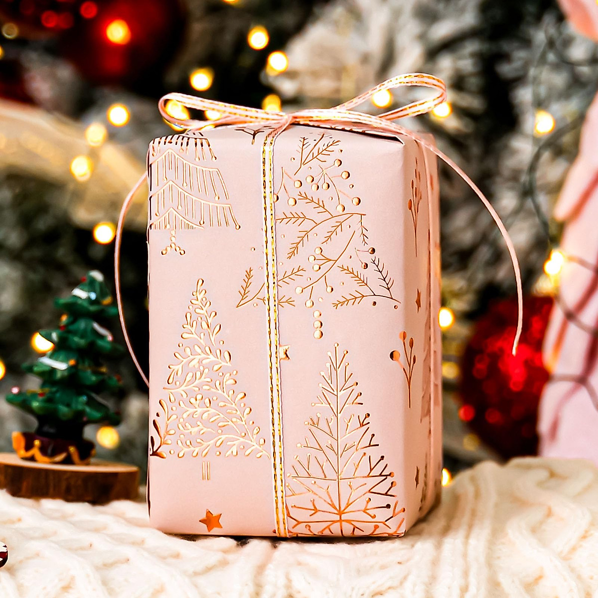 Homeral Christmas Wrapping Paper Roll - 46.8 sq.ft. 3D Embossed Foil Christmas Tree, Star on Rose Gold Pink for Christmas, New Year Celebration, Holiday - 17in x 33ft