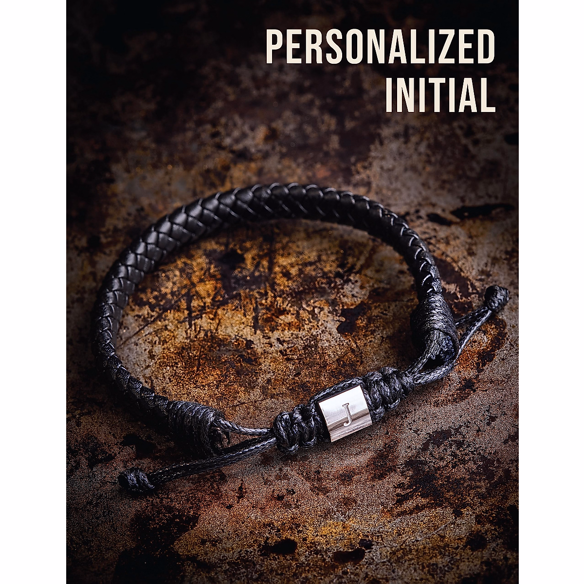 Men's Adjustable Leather Initial Bracelet | Genuine Woven Leather | A-Z Alphabet Letters Engraved on Stainless Steel Clasp - C