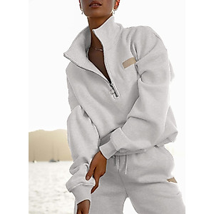 Herseas Fall 2 Piece Teacher Outfits for Women White Casual Sweatsuits Half Zip Pullover with Jogger Comfy Set Fashion Leisure Suits X-Large 16 18