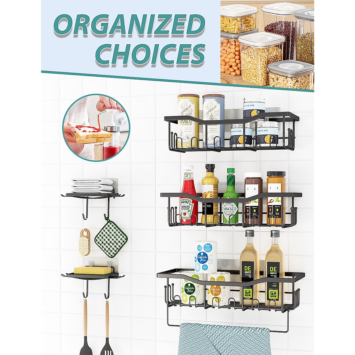 plainshe 10 Packs Shower Caddy, Shower Organizer with 3 Shower Shelves, 2 Soap Dishes & Towel Rack, Stainless Steel Wall Rack Basket with Adhesives Mounted for Bathroom & Kitchen (Black/N-Type)