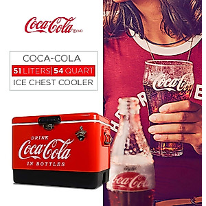 Coca-Cola Ice Chest Beverage Cooler with Bottle Opener, 51L (54 qt), 85 Can Capacity Portable Cooler, Red and Black, for Camping, Beach, RV, BBQs, Tailgating, Fishing