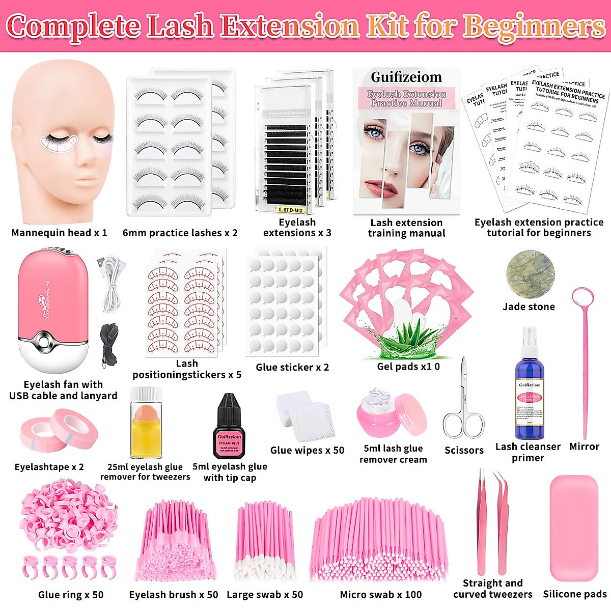 Guifizeiom Lash Extension Kit for Beginners Eyelash Extension Practice with Everything Lash Mannequin Head, Lash Mapping Chart,Training Manual