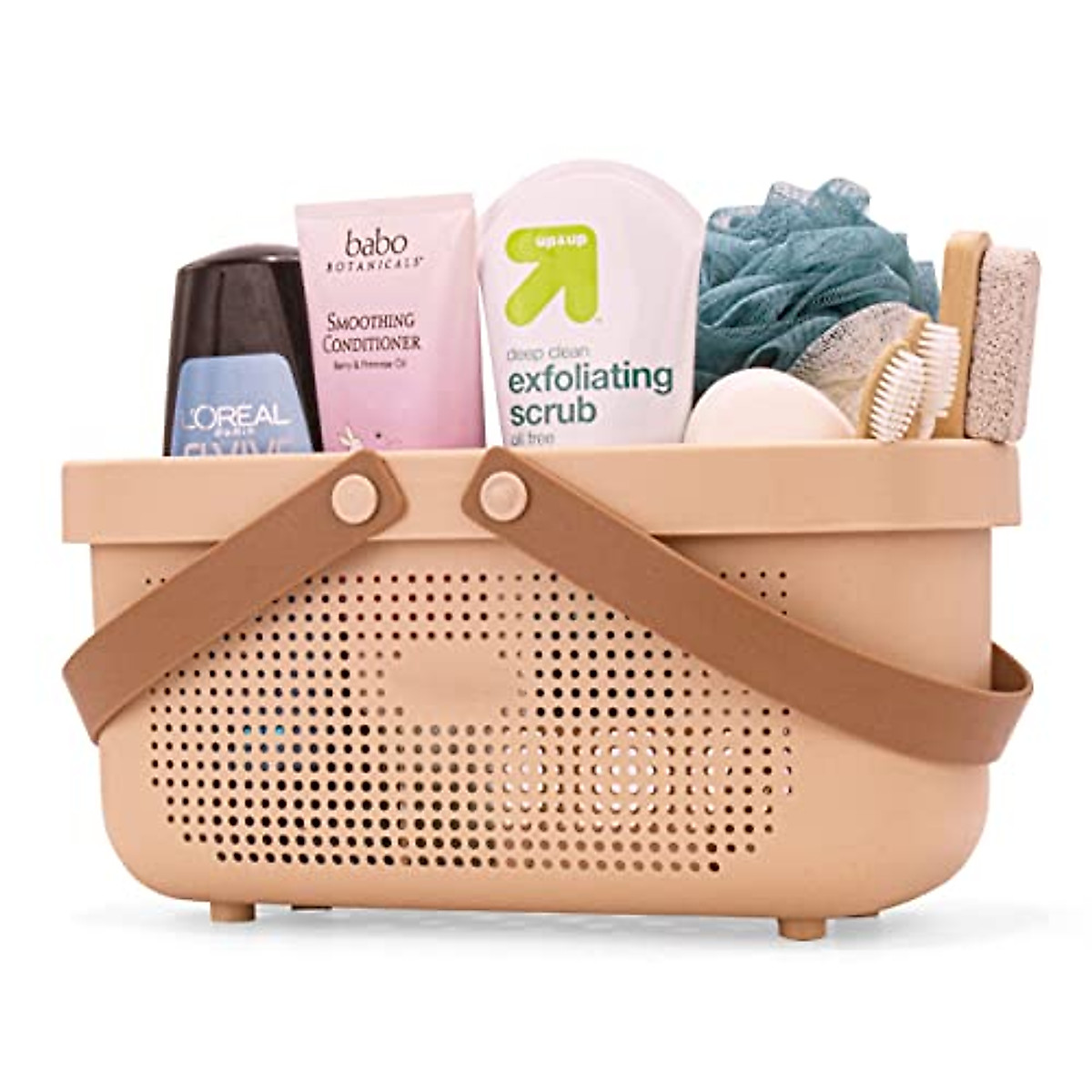 Brookstone BKH1634, Large Portable Shower Caddy with Soft Silicone Carrying Handle, Bathroom Organizer Basket, Plastic Bath Tote, Dries Quickly with Drainage Holes [BPA Free], Blush Color