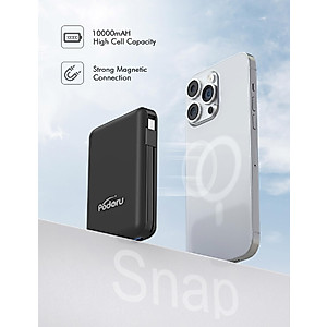 podoru Wireless Portable Charger, 10000mAh Magnetic Power Bank Built-in USB C Lighting Cables 22.5W PD Fast Charging LED Display Mag-Safe Battery Pack for iPhone 15/14/13/12/Mini/Pro/Pro Max - Black