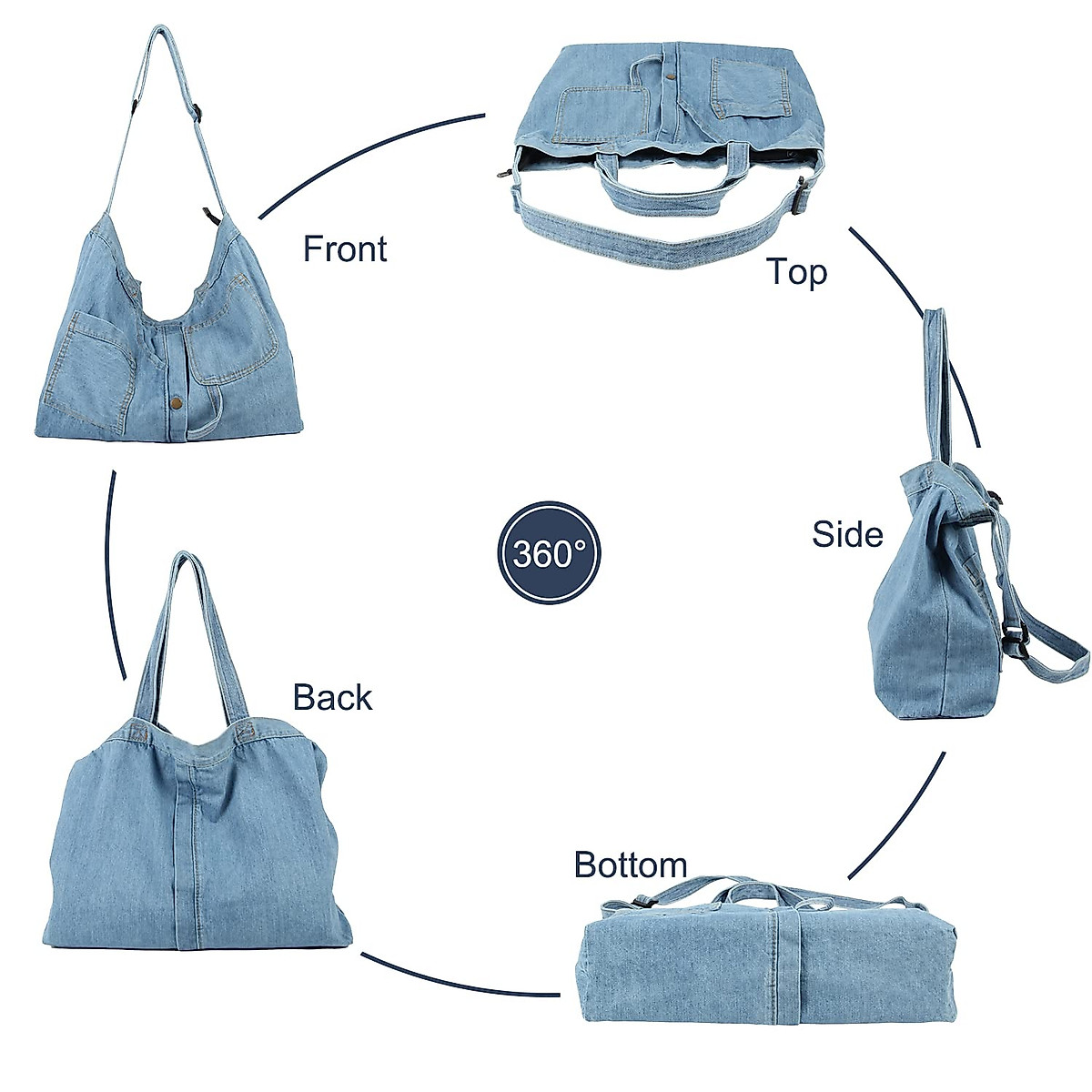 Emprier Soft Denim Handbag for Women Casual Hobo Tote Bag Retro Crossbody Bag Large Capacity Denim Purses Light Blue