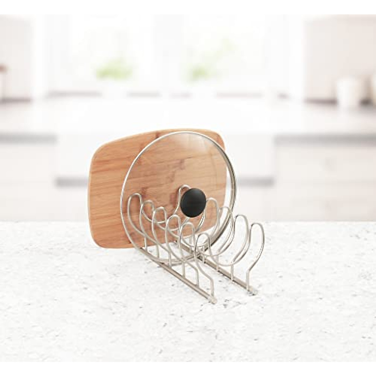 Spectrum Diversified Euro Kitchen Lid Organizer for Plates, Cutting Boards Bakeware, Cooling Racks, Pots & Pans, Serving Trays, and Reusable Containers, Satin Nickel
