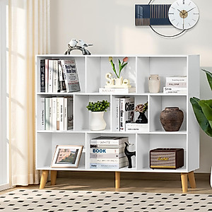 YAHARBO 10 Cube Large Bookshelf,3 Tier Bookcase with Legs,White Mid-Century Modern Bookshelves,Wide Free Standing Open Storage Organizer Shelf,Tall Wooden Book Case Furniture for Living Room,Office