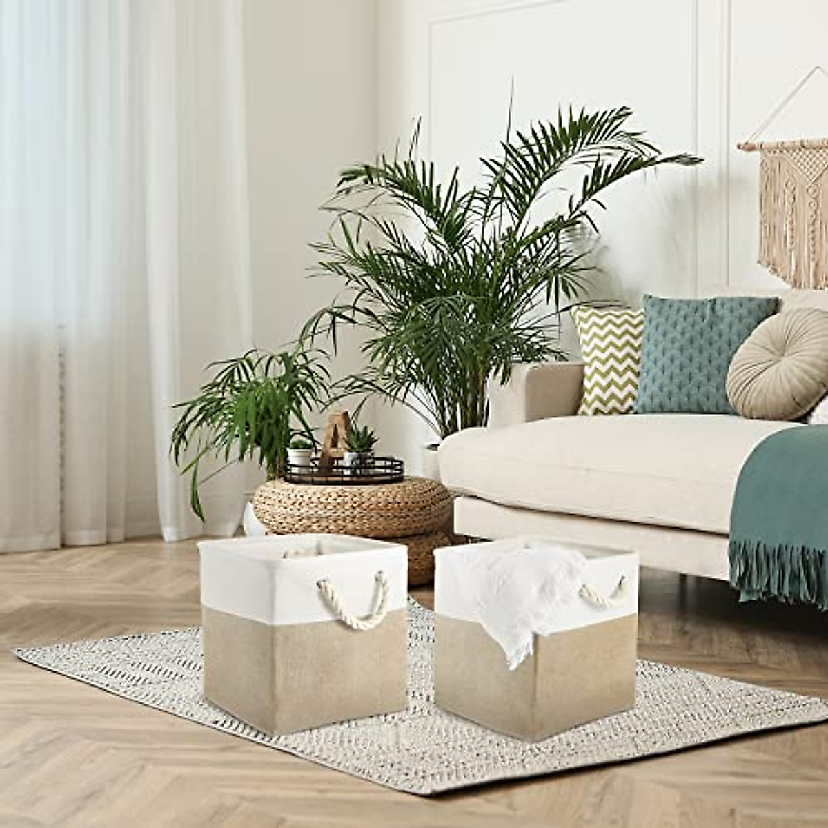 6 Pieces Cube Storage Bins Small Foldable Storage Cube Baskets with Sturdy Carry Handles Multipurpose Storage Cube Baskets Organizer Bin for Home, Office, Nursery (White, Light Brown,11 x 11 Inch)