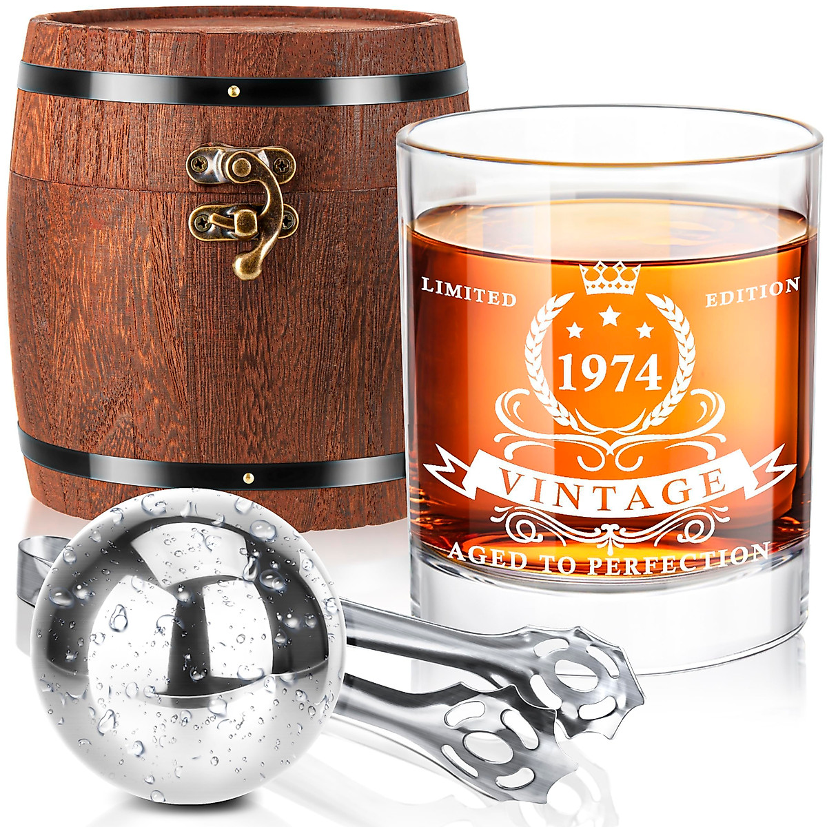 LIGHTEN LIFE 50th Birthday Gifts for Men,1974 Whiskey Glass Set in Barrel Box,50 Years Old Gifts,50th Birthday Gift Ideas,1974 Birthday Gifts for Dad Husband,50th Birthday Decorations for Men