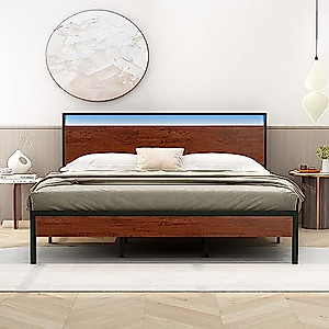 NNV Industrial King Size Bed Frame with Headboard Stoarge, Metal Platform Bed Frame with LED Lights and USB Ports, Sturdy and No Noise Easy Installation No Box Spring Needed, Mahogany