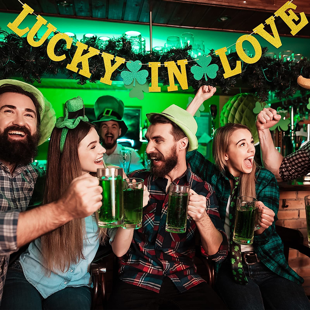 Whaline 2Pcs St. Patrick's Day Banner Glitter Gold Green Lucky Shamrock Clover Hanging Bunting Garland DIY Irish Style Banner for Party Home Office Mantel Fireplace Wall Decoration